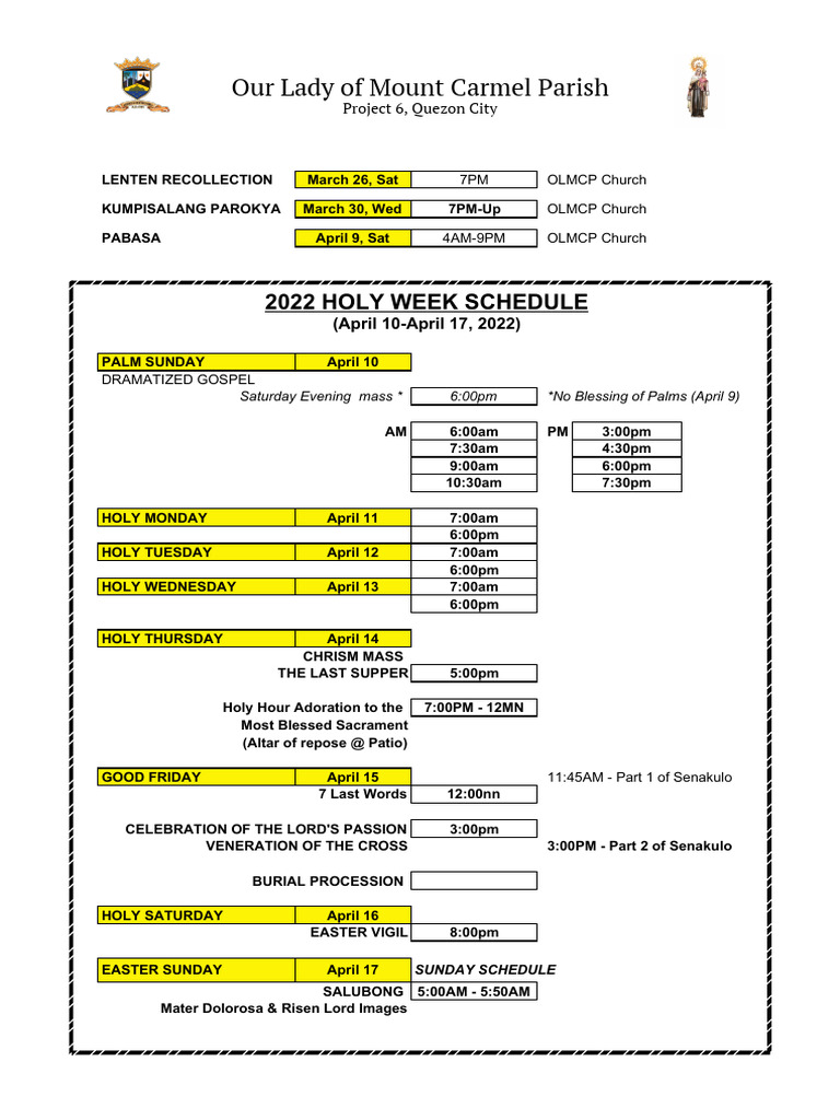 2022 Holy Week Schedule in Philippines | PDF