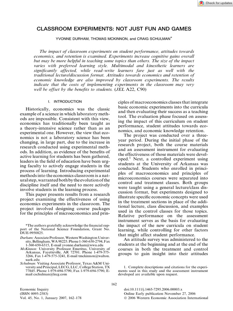 Benefits of Classroom Experiments in Economics | PDF | Learning Styles ...