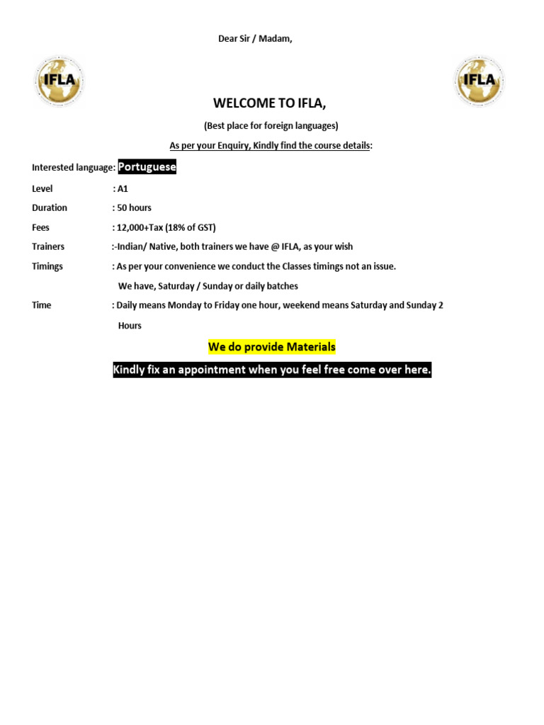 Portuguese A1 Course Details at IFLA | PDF