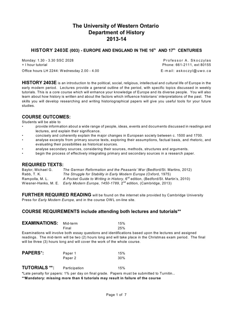 Syllabus - Europe and England in The 16th and 17th Centuries - UWO 2013 ...