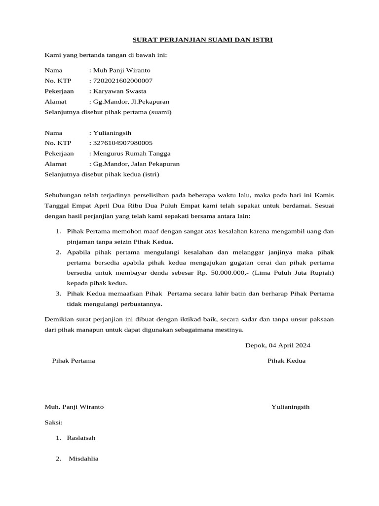 Surat Perjanjian Suami Dan Istri | PDF