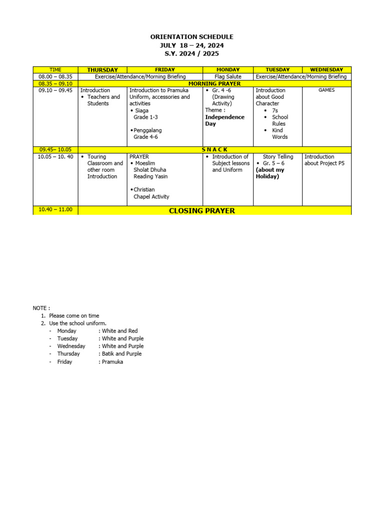 ORIENTATION SCHEDULE | PDF