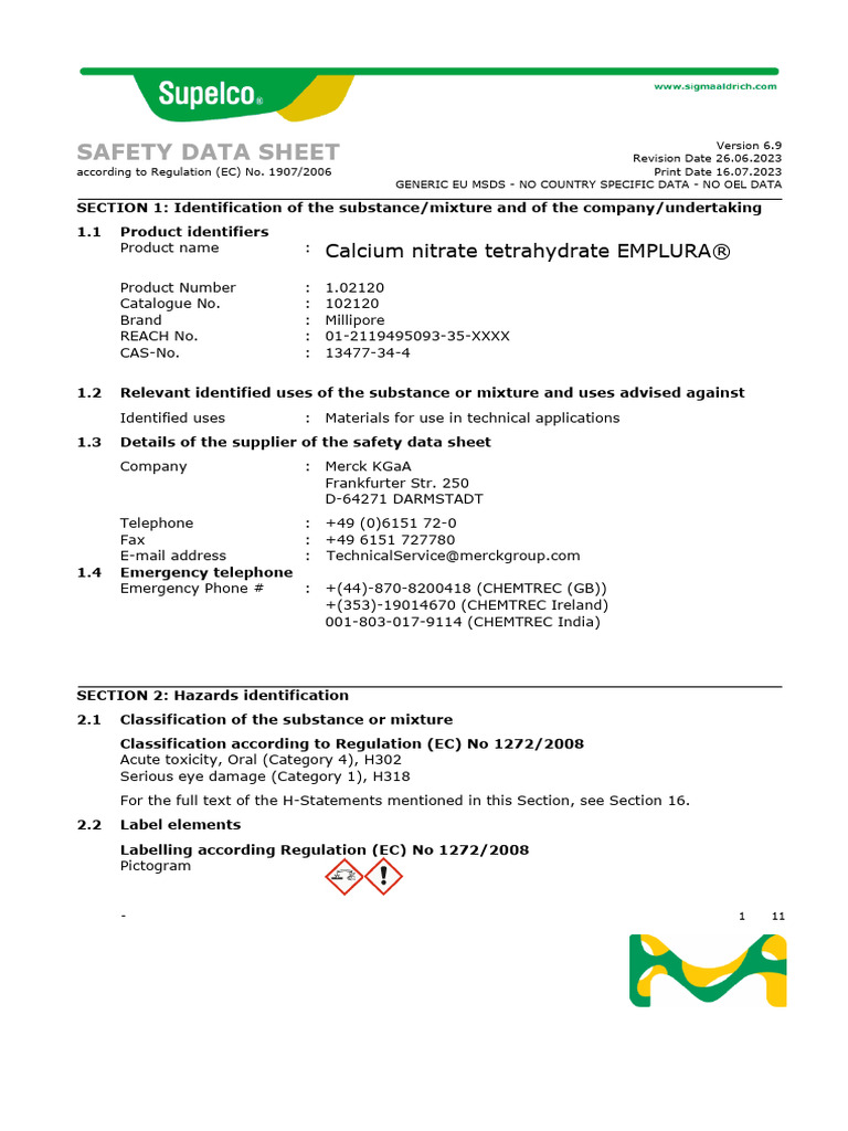 Calcium Nitrate SDS EU en | PDF | Dangerous Goods | Safety