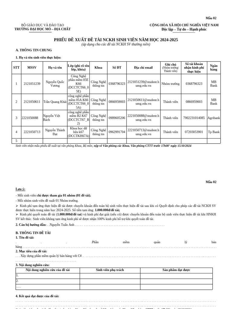Mẫu 2- Phiếu Đề Xuất Đề Tài NCKH SV Thường Niên | PDF