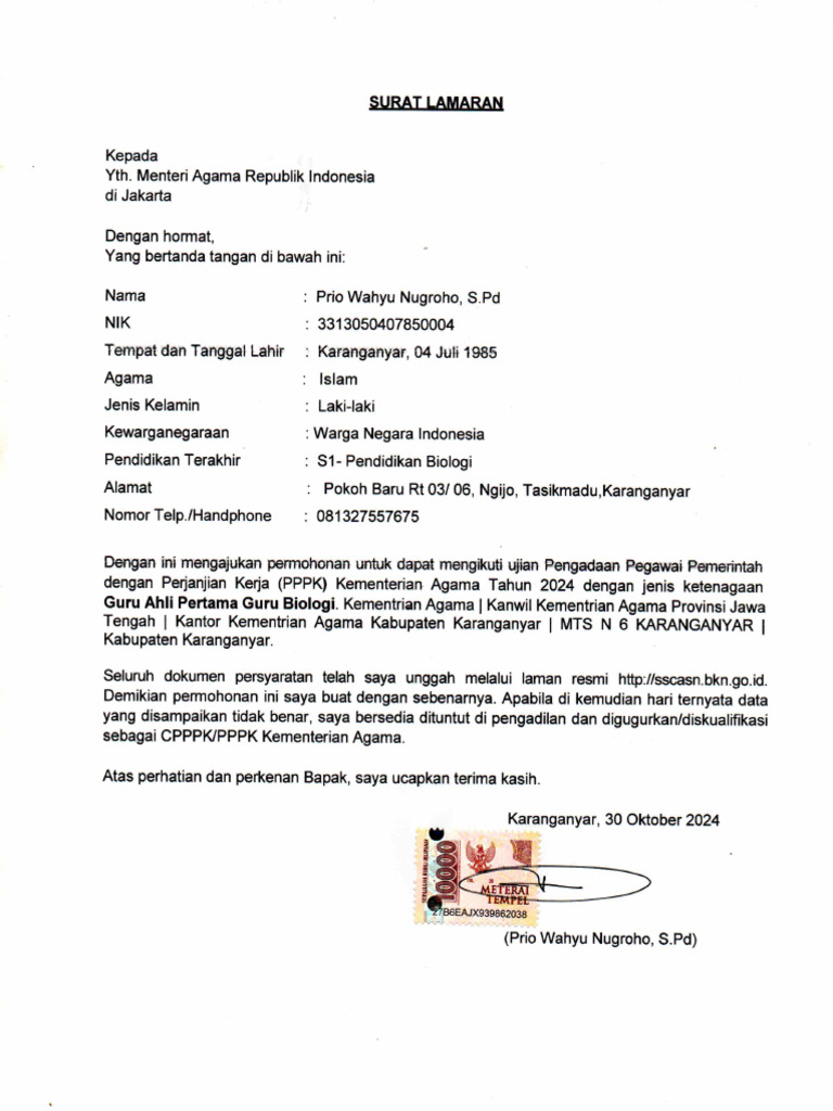 SURAT LAMARAN - Prio Wahyu | PDF