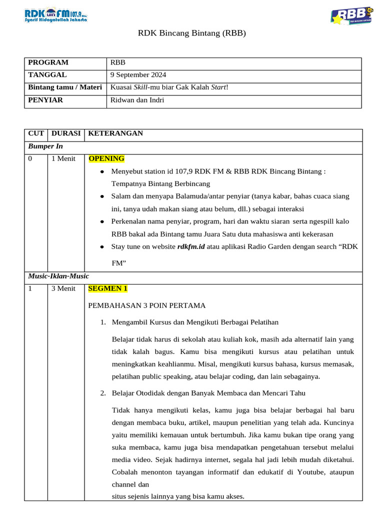 MATERI RBB Tanpa Bintang Tamu | PDF