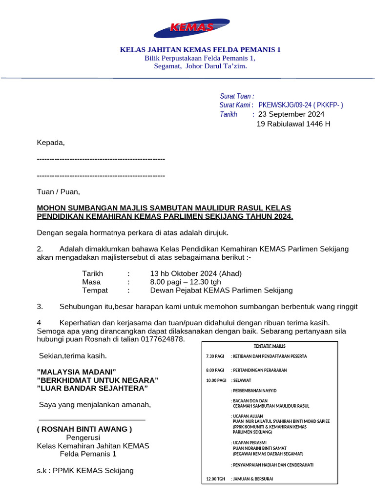 Surat Pkem Sumbangan Maulidur Rasul | PDF