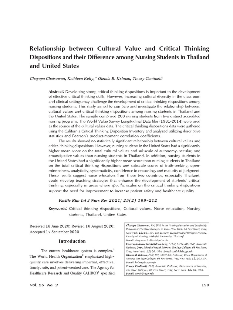 Relationship Between Cultural Value And Critical Thinking Dispositions