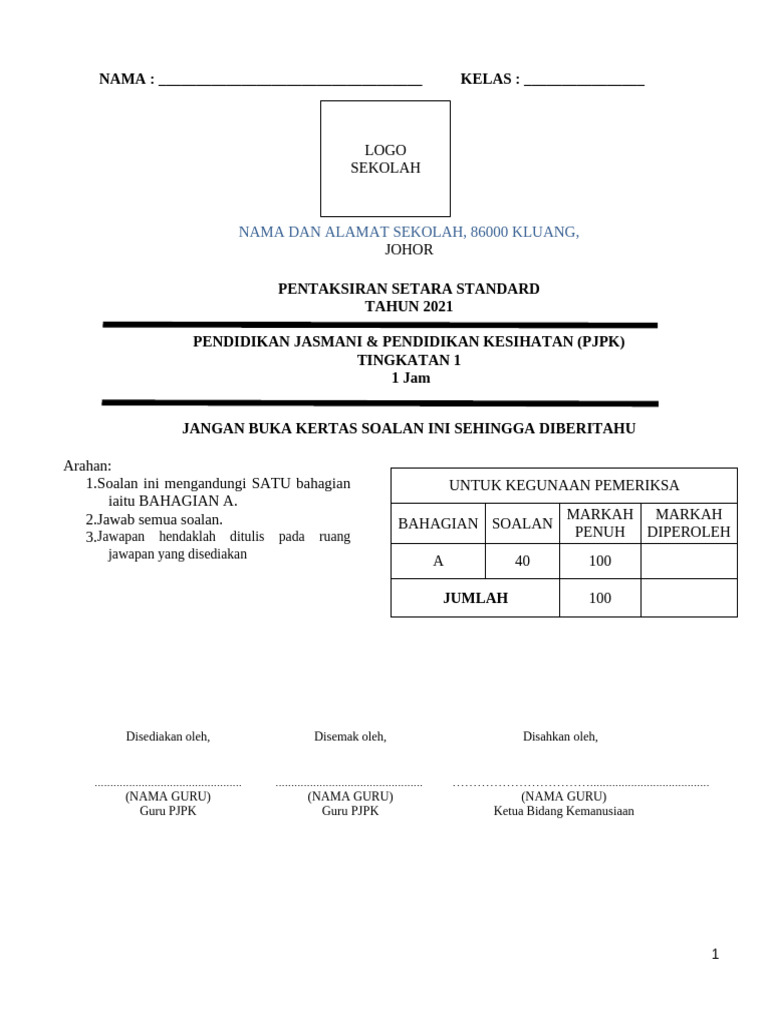 Soalan & Skema PSS PJPK T3 2021 | PDF