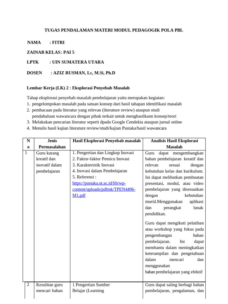 Tugas Pendalaman Materi Modul Pedagogik Pola PBL | PDF | Karier & Perkembangan