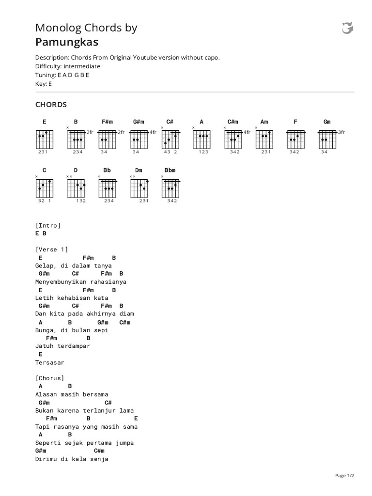Monolog Chords by Pamungkastabs at Ultimate Guitar Archive | PDF