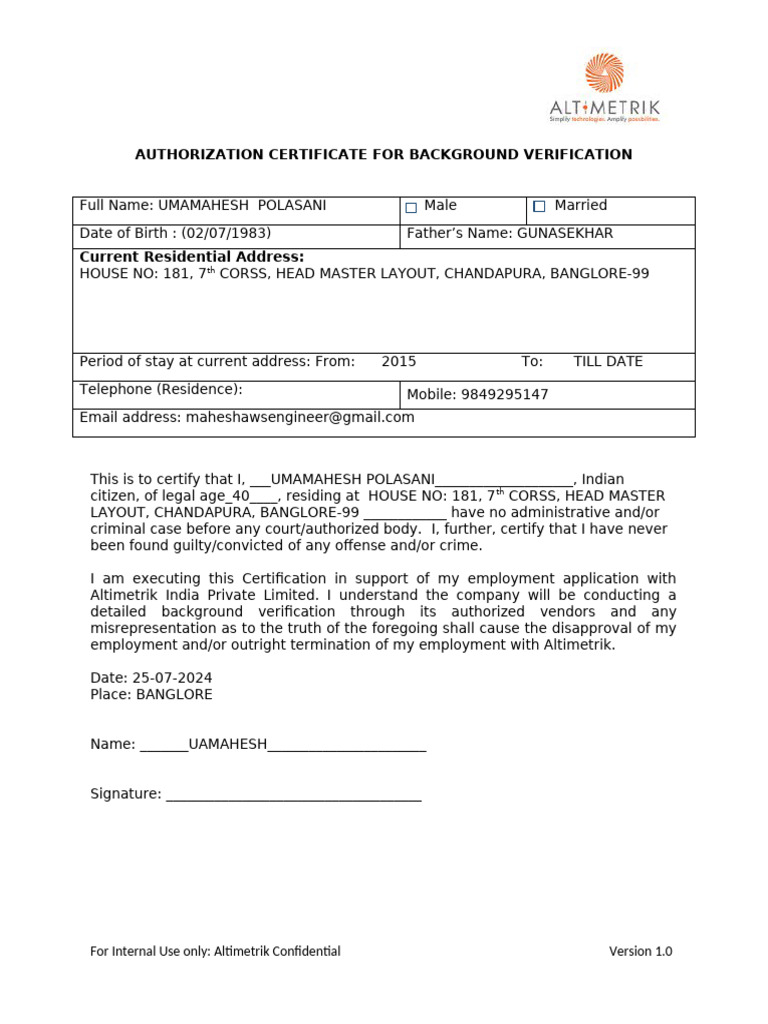 Altimetrik Background Verification Certificate | PDF