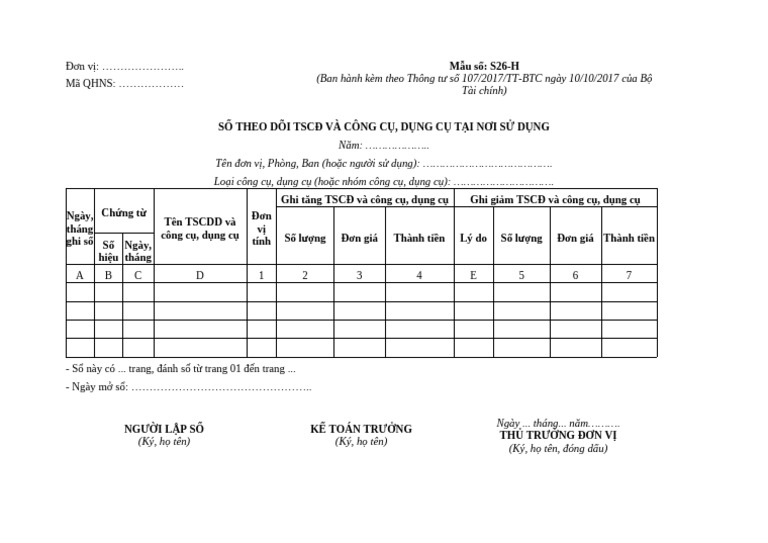 Mau So Theo Doi TSCD CCDC Tai Noi Su Dung Mau s22 DN | PDF