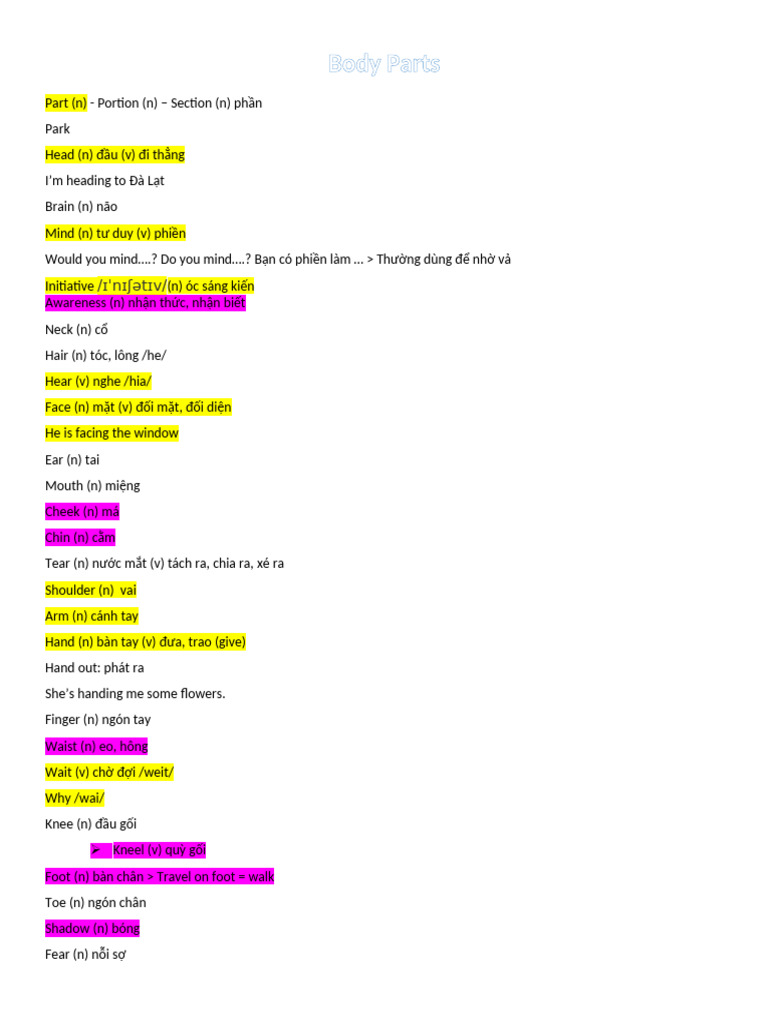 8 Vocab Body Parts Noted | PDF