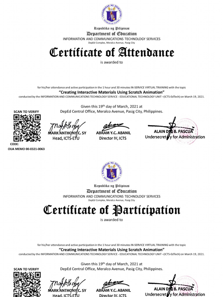 Creating Interactive Materials Using Scratch Animation - Certificates | PDF