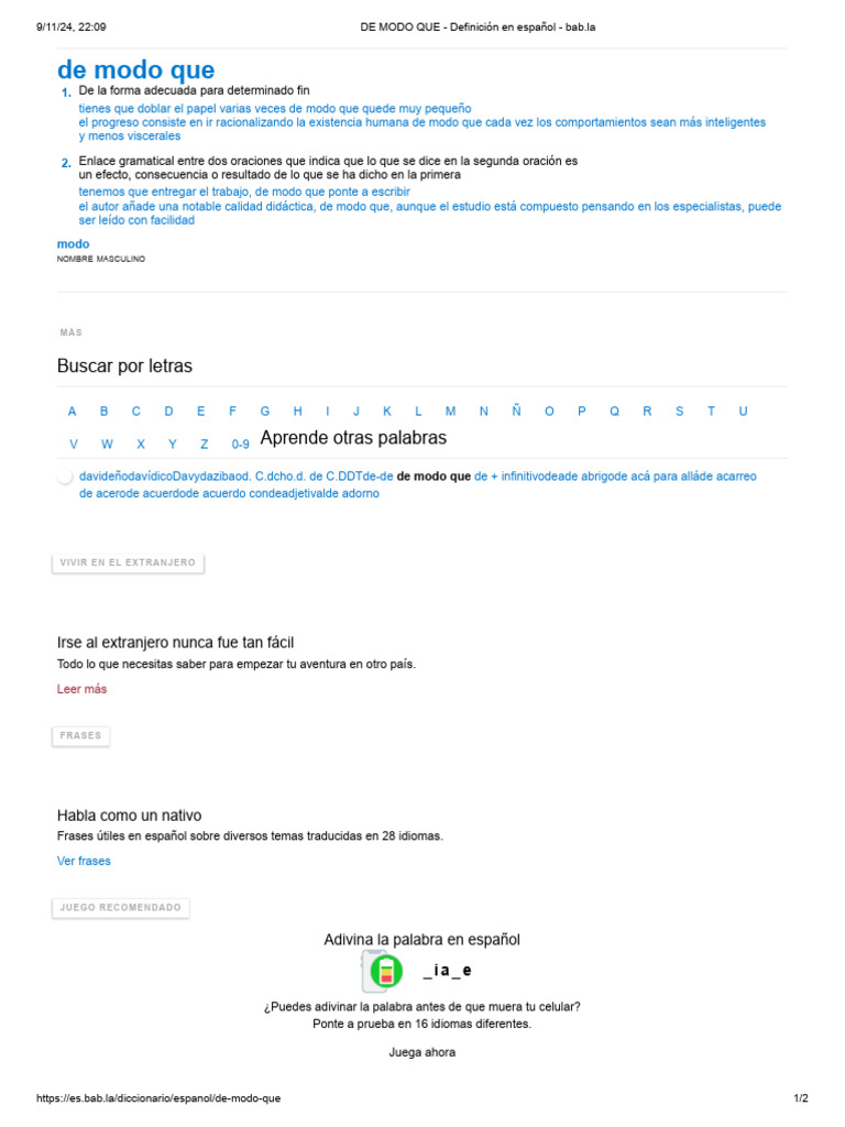 DE MODO QUE - Definición en Español - Bab - La | PDF | Lengua española ...