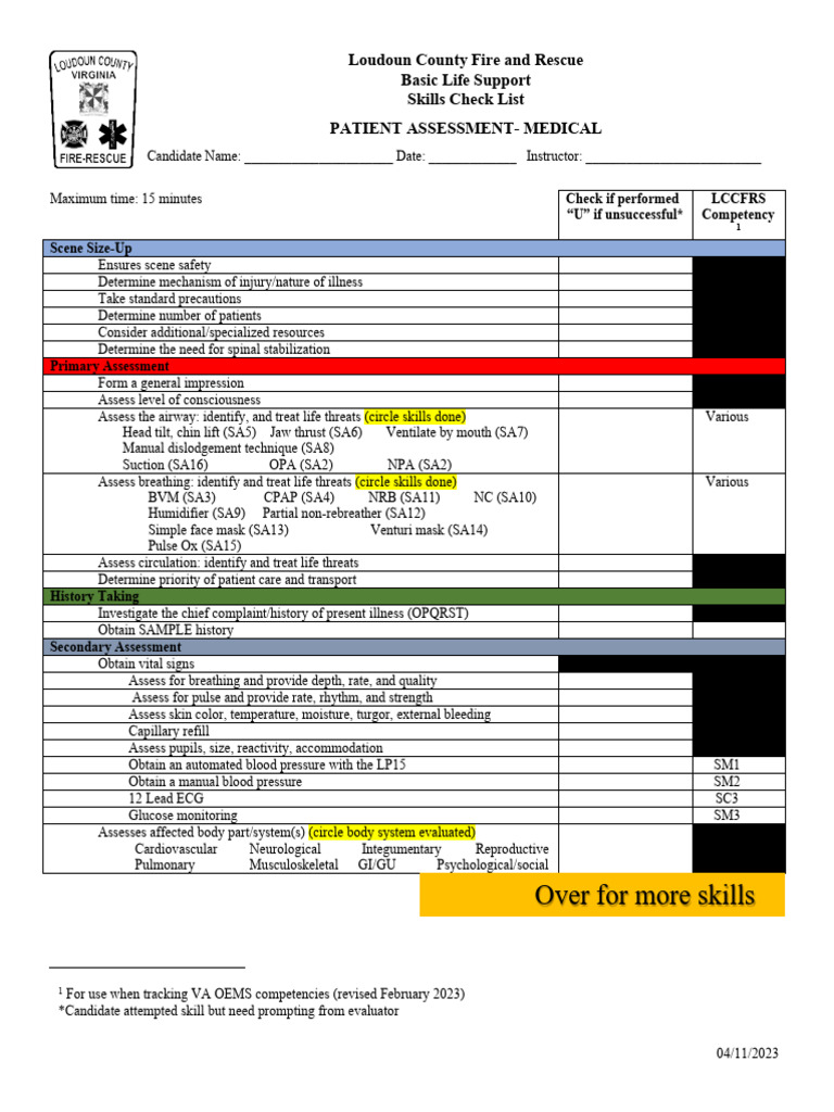 BLS Skills Checklist for Patient Assessment | PDF | Breathing | Medical ...