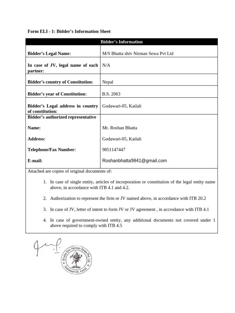 Bidder Informaion Sheet | PDF | Finance & Money Management | Politics