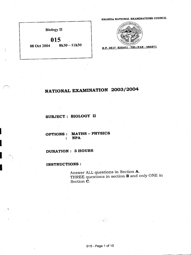 2004 Biology II Past Paper | PDF