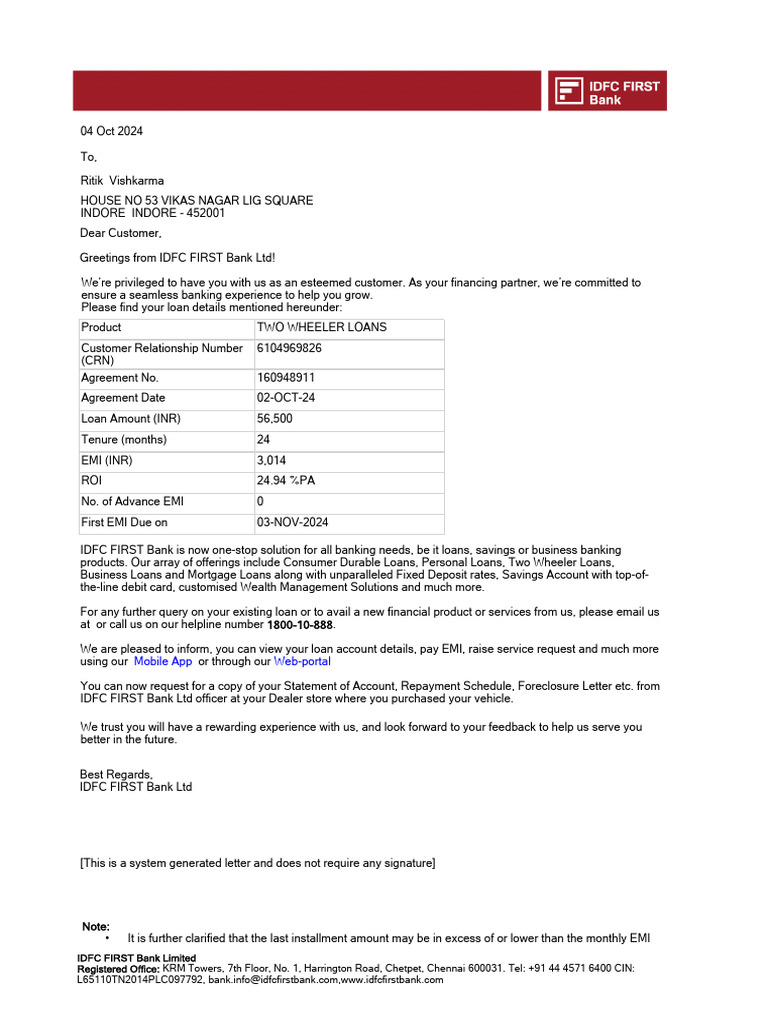 IDFC FIRST Bank Two Wheeler Loan Details | PDF | Banks | Loans