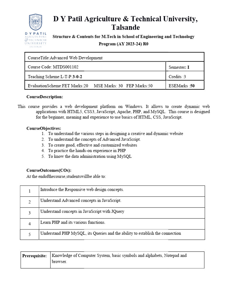 Advanced Web Development Course Syllabus | PDF | Php | J Query
