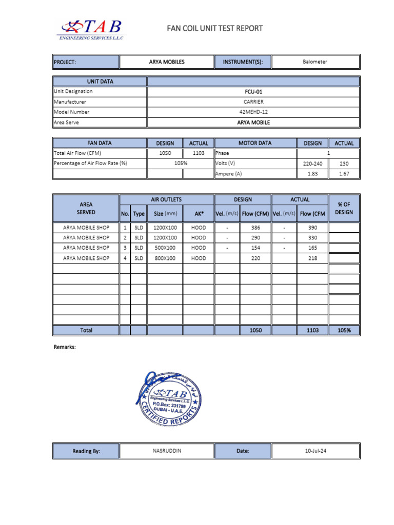 Arya Mobile - FCU - Air Balancing Report | PDF | Electrical Engineering | Electricity