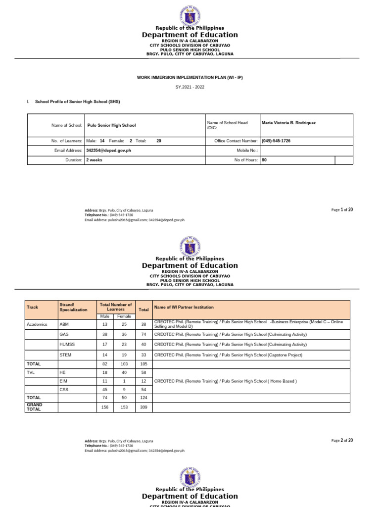 Work Immersion Implementation Plan - Pulo EIM | PDF | Baking | Bakery