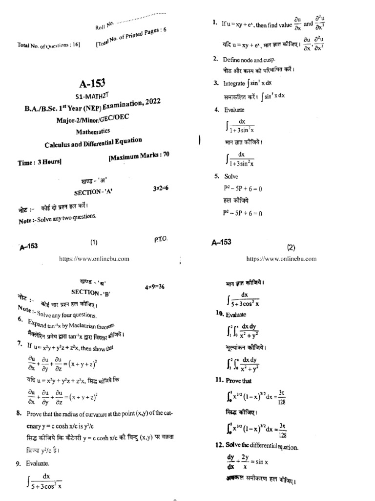 Ba BSC 1 Year Mathematics Calculus and Differential Equation A 153 2022 ...