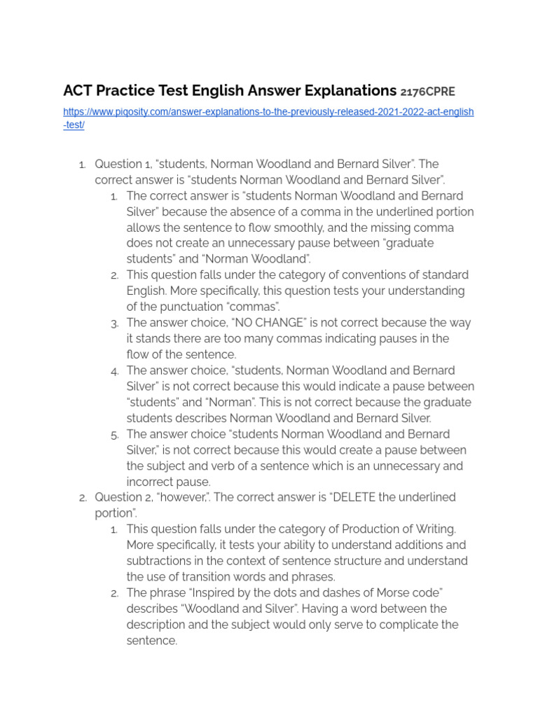 ACT English Test Answer Explanations | PDF | English Language | Pronoun
