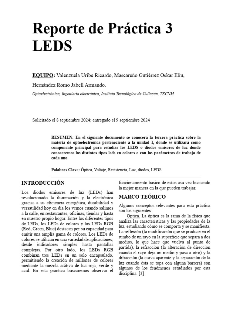 Práctica de LEDs en Optoelectrónica | PDF | Diodo emisor de luz | Color