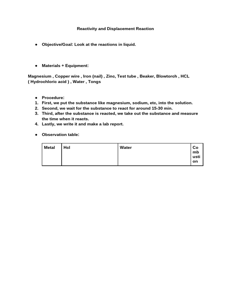 Reactivity in Displacement Reactions | PDF | Magnesium | Hydrochloric Acid