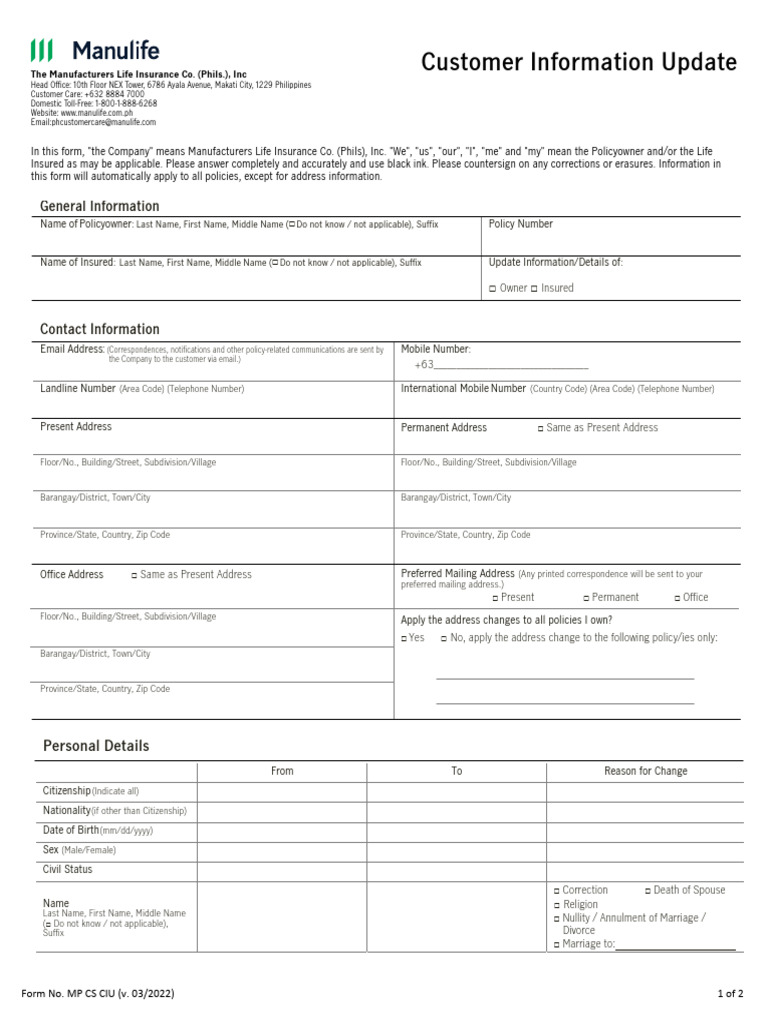 MP Customer Information Update Form - CIU Form 4.22 | PDF | Identity Document | Government And ...