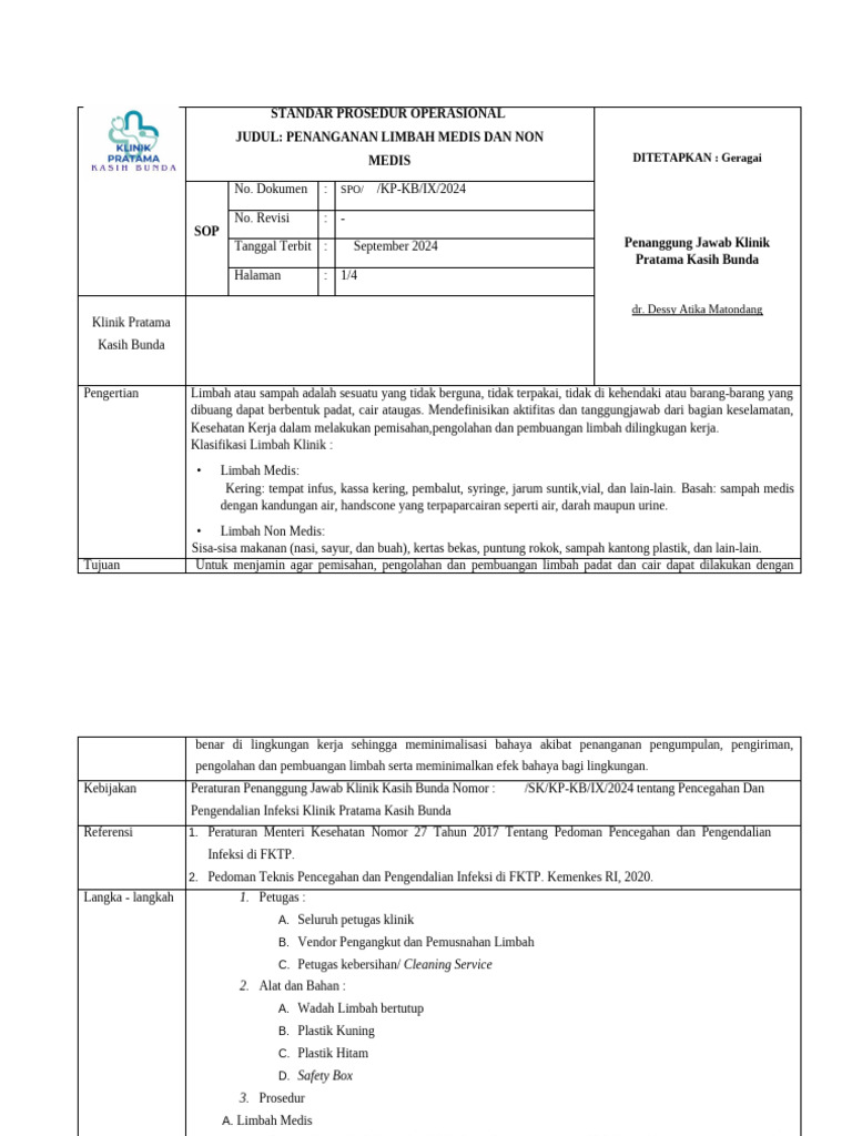 Sop Penanganan Limbah Medis Dan Non Medis | PDF