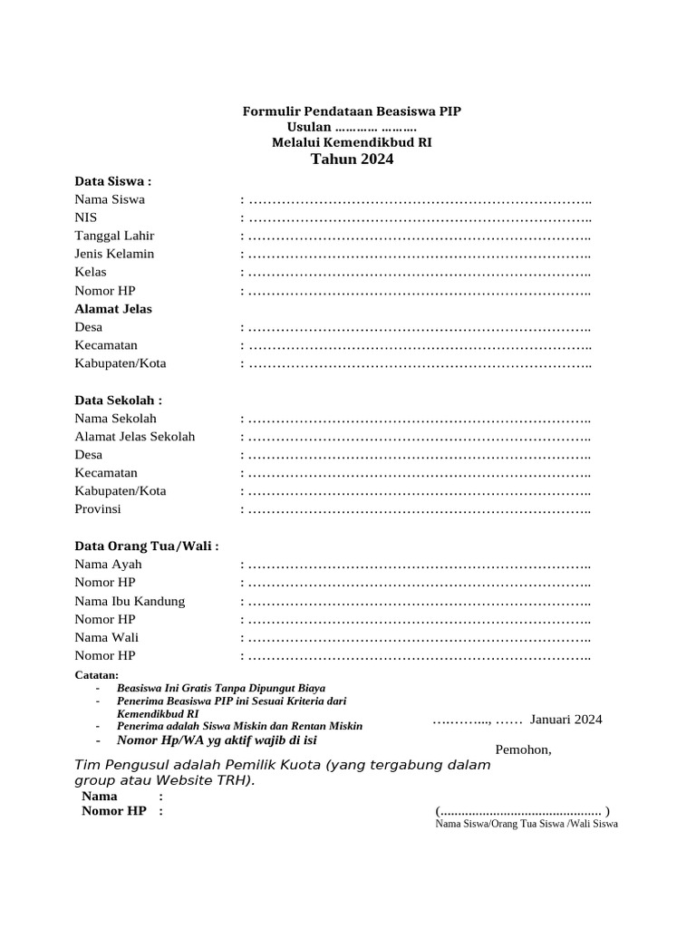 Contoh Formulir Beasiswa PIP 2024 | PDF | Karier & Perkembangan ...