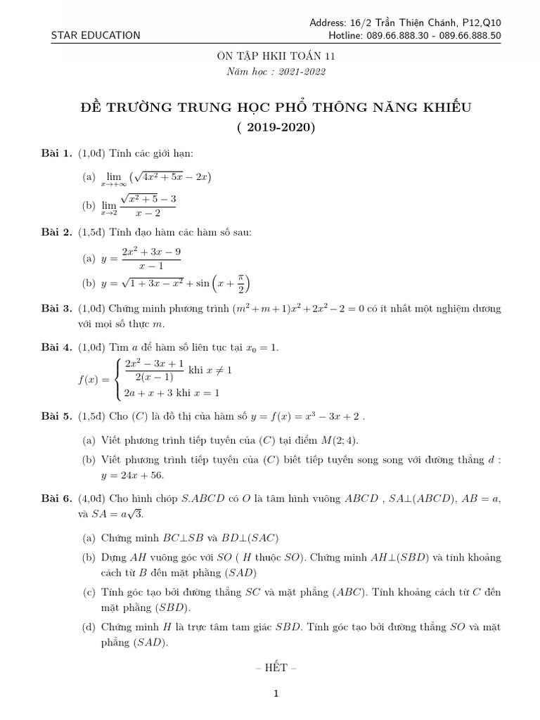 11 Toán HK2 Đề thi HK2 Trường Phổ thông Năng khiếu 19 20 Đặng Thị Anh Thư | PDF