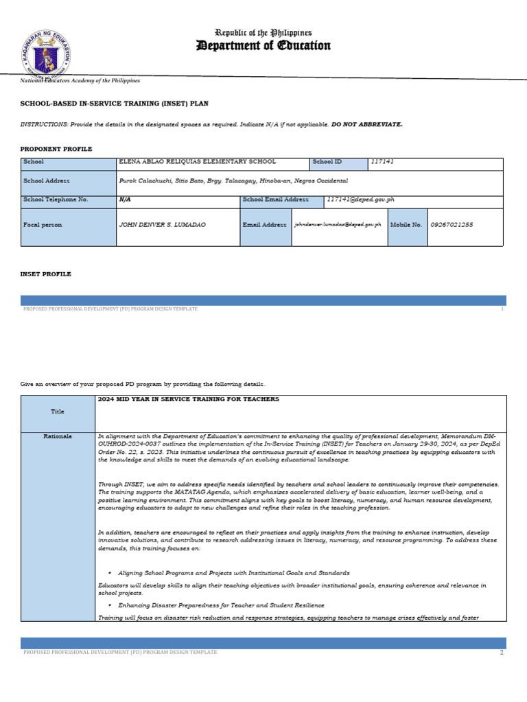 EARES MID YEAR INSET Program Design, Budget Matrix, and M&E Plan | PDF ...