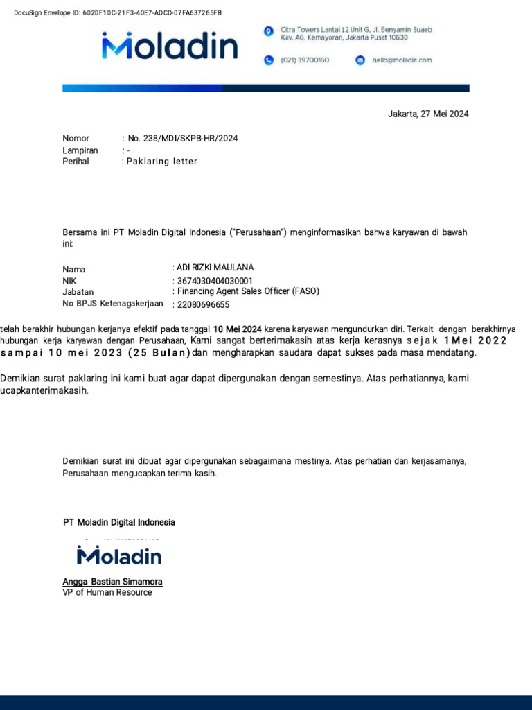 Surat Paklaring Karyawan Moladin | PDF | Bisnis