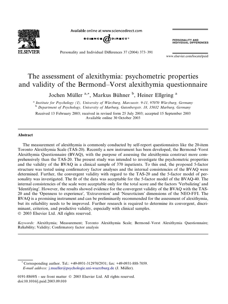 The Assessment of Alexithymia Psychometric Properties and Validity of ...