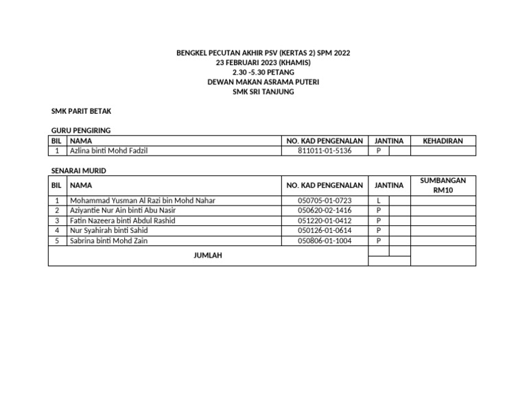 Borang Pendaftaran Bengkel Pecutan SMKPB | PDF