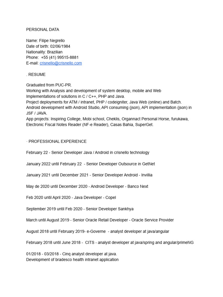 CV Filipe English | PDF | Ibm Db2 | Java (Programming Language)