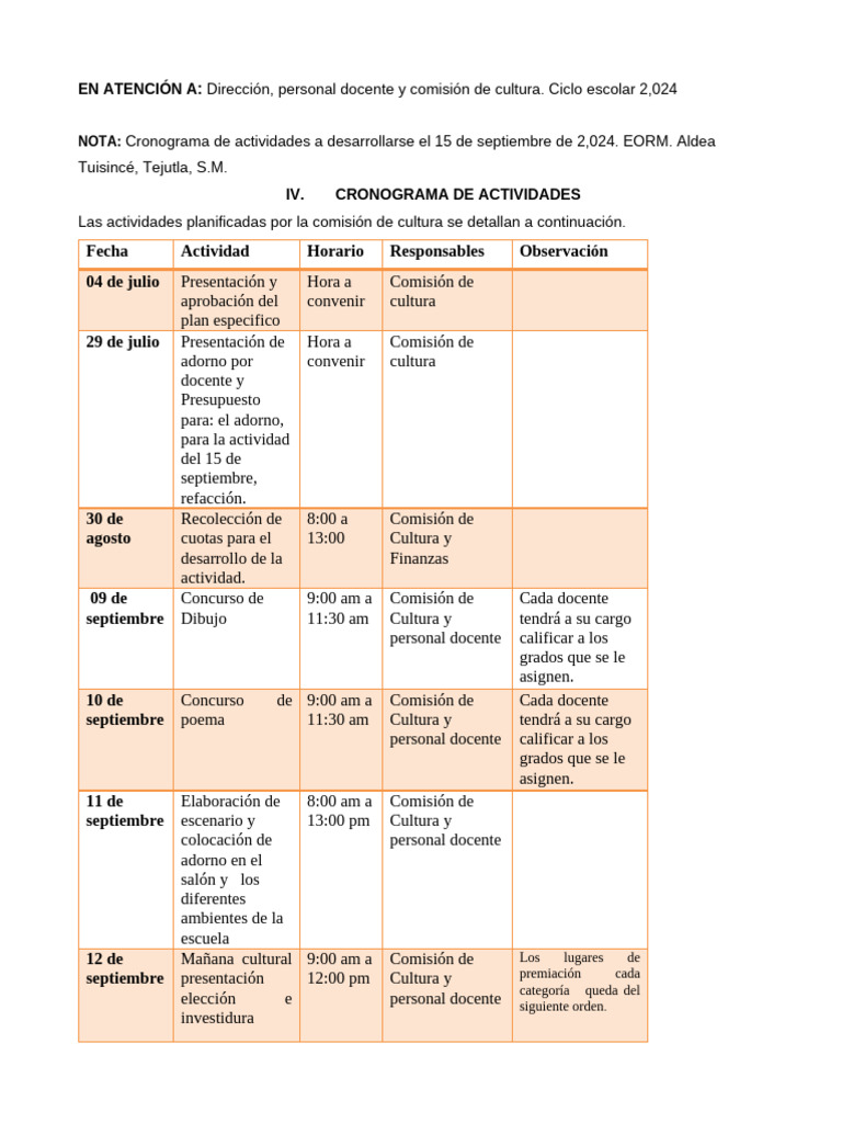 Cronograma de Actividades 15 de Sep. Eorm 2,024 | PDF