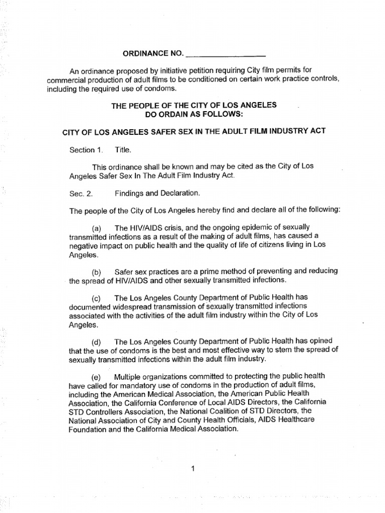 Adult Film Industry Act Ordinance With Mayors Signature | PDF