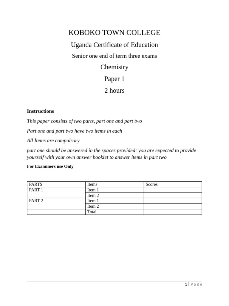 Senior One Chemistry Term 3 Exam 2025 | PDF
