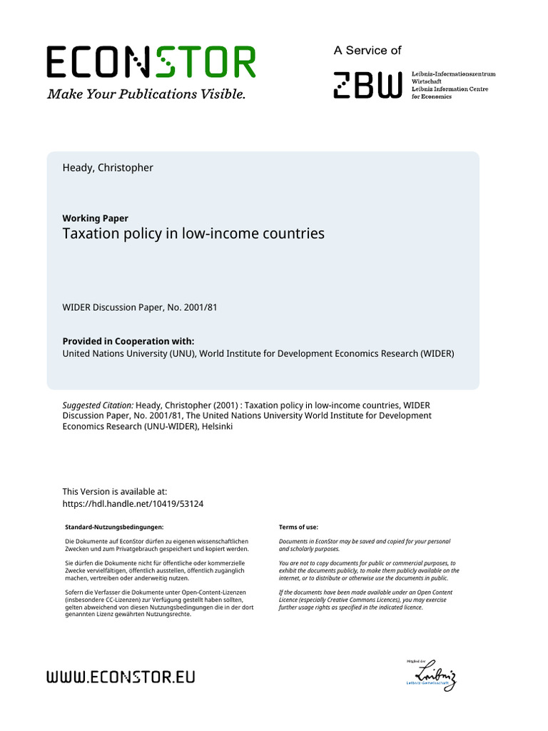 Taxation Policy in Low-Income Countries: Heady, Christopher | PDF ...