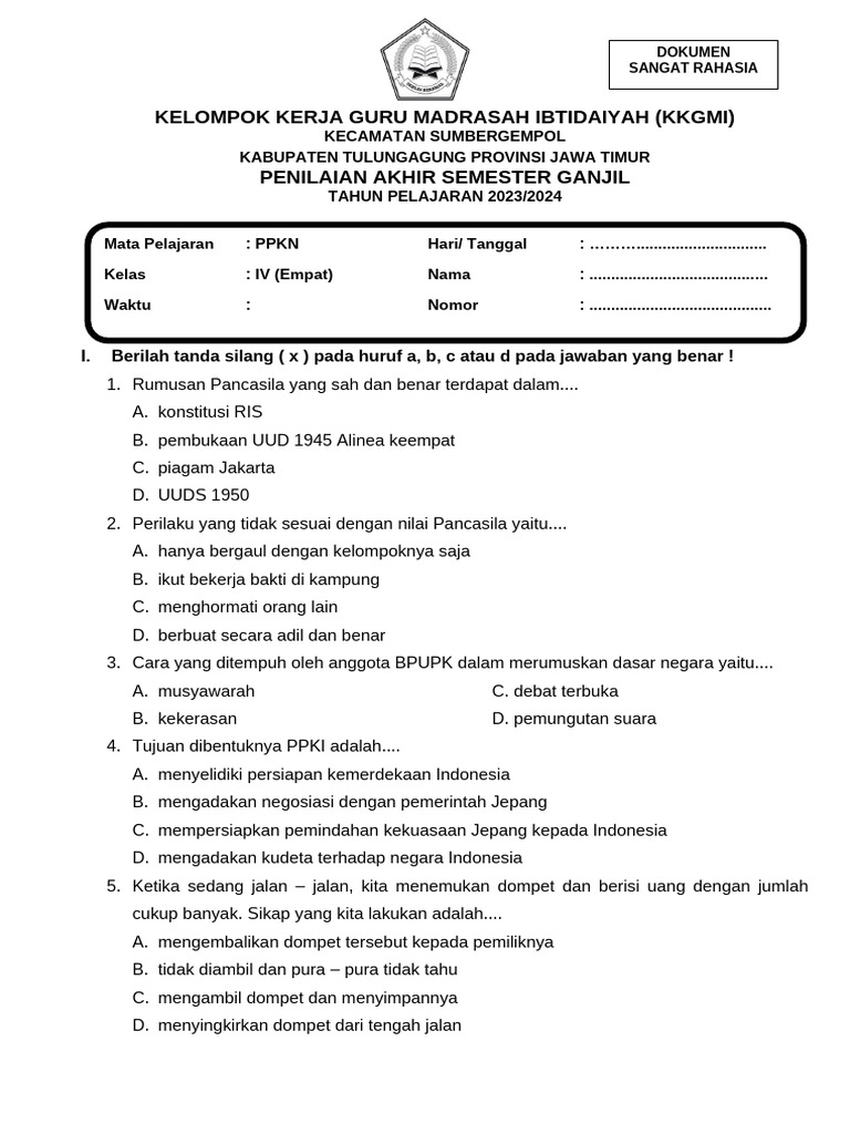 IV - Soal PAS 2023 - PPKN | PDF | Kajian Bahasa Asing