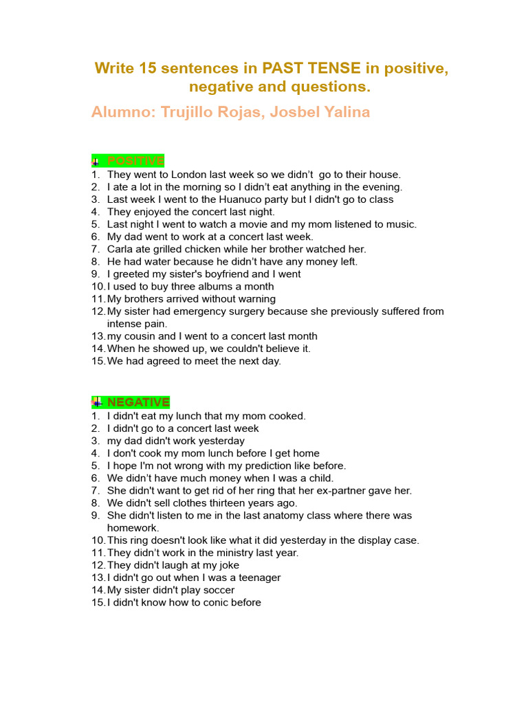 Past Tense Sentence Examples | PDF | Language Arts & Discipline
