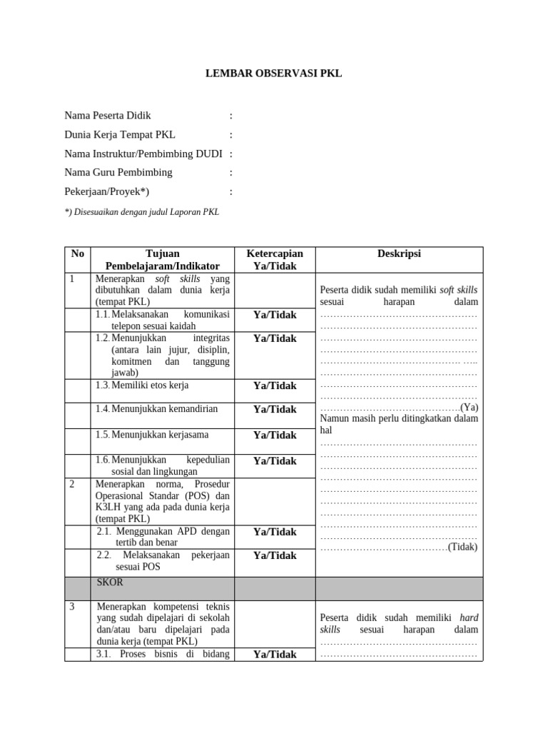 Lembar Observasi PKL Ak | PDF | Karier & Perkembangan