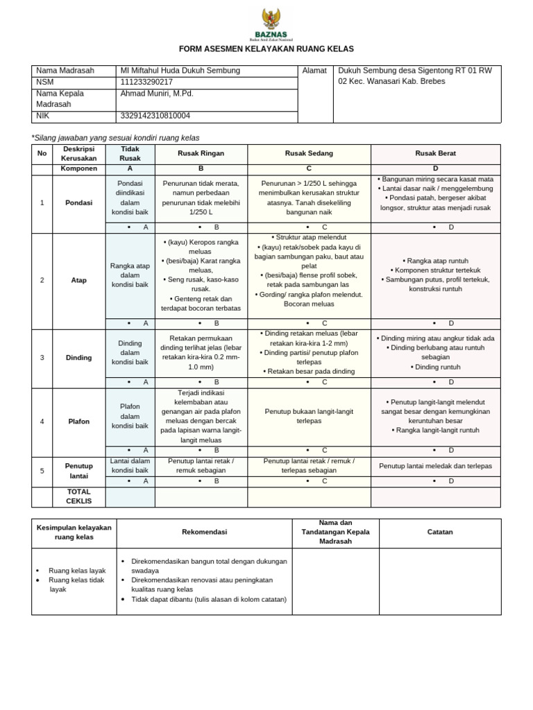 Form Asesmen Kelayakan Ruang Kelas | PDF