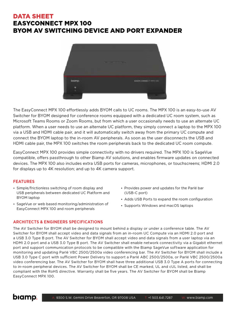 EasyConnect MPX 100 for UC Rooms | PDF | Usb | Hdmi