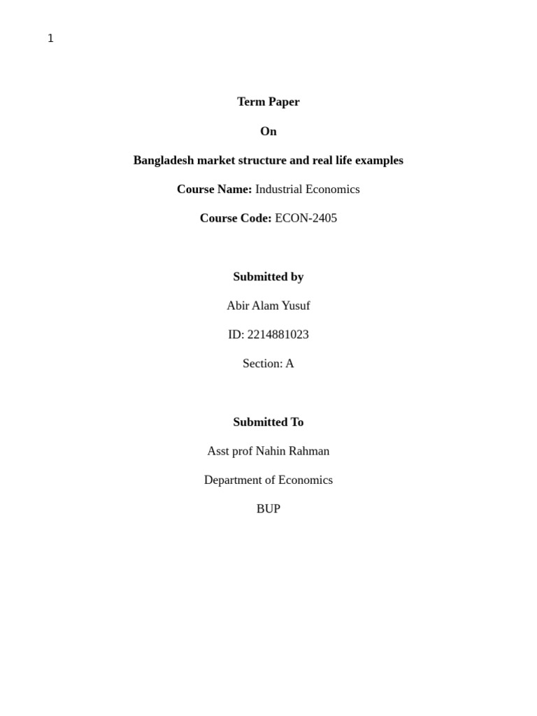Industrial Economics Term Paper | PDF | Monopoly | Perfect Competition